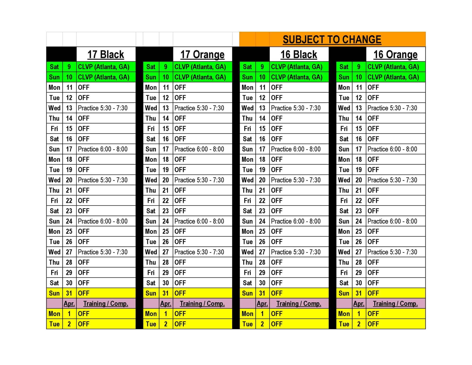 CAV HS Practice Schedule - Atlanta PVB